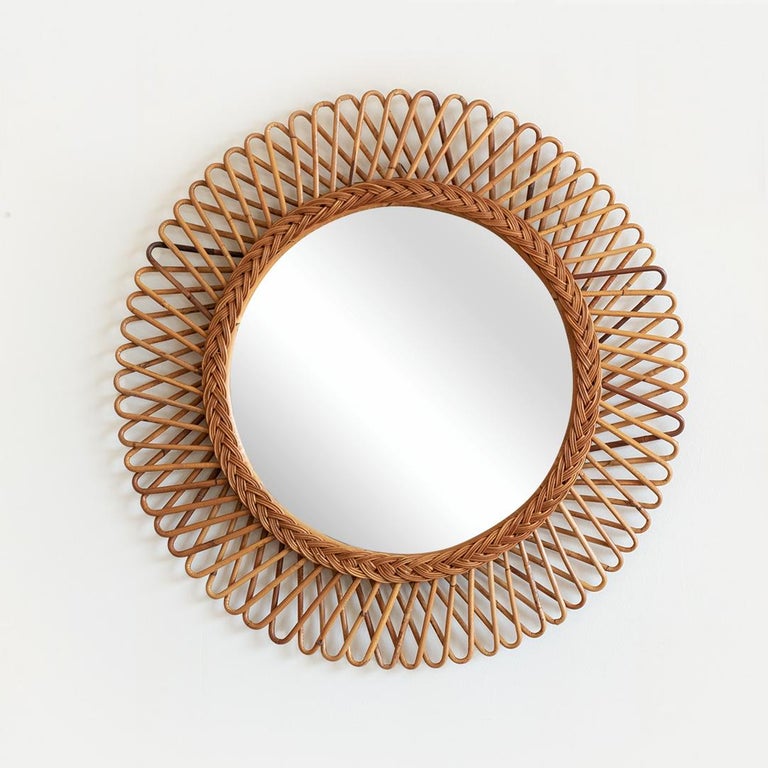 Large Italian Round Rattan Mirror at 1stDibs