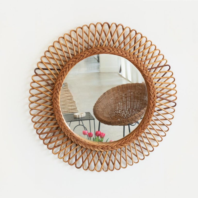 Large Italian Round Rattan Mirror at 1stDibs