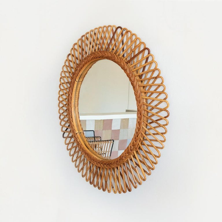 Large Italian Round Rattan Mirror at 1stDibs