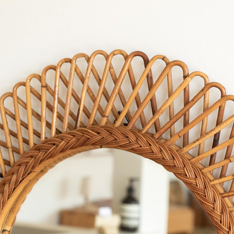 Large Italian Round Rattan Mirror at 1stDibs