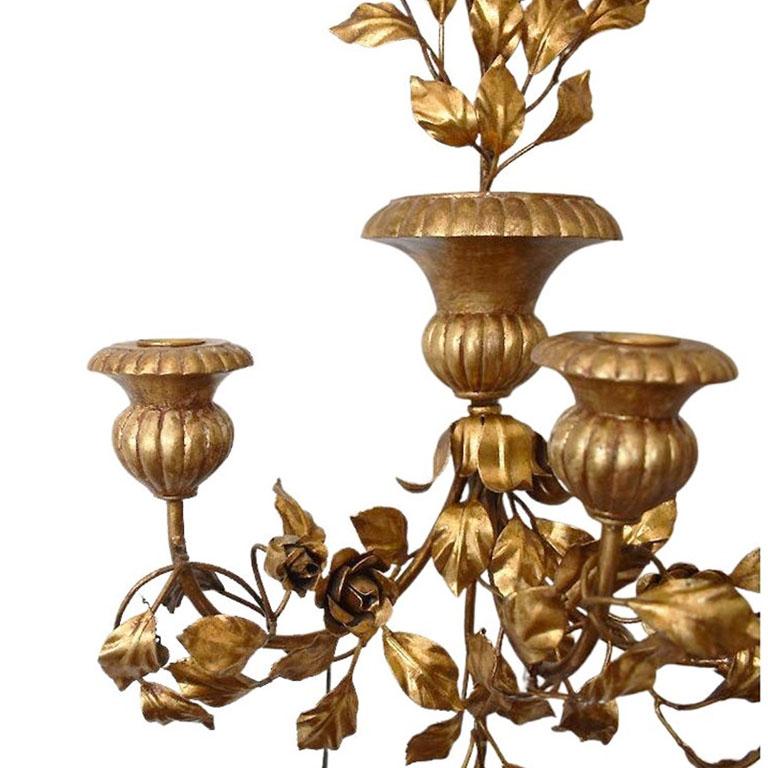 Large Italian Tole Floral Gilt Florentine Wall Candle Sconce with 3 ...