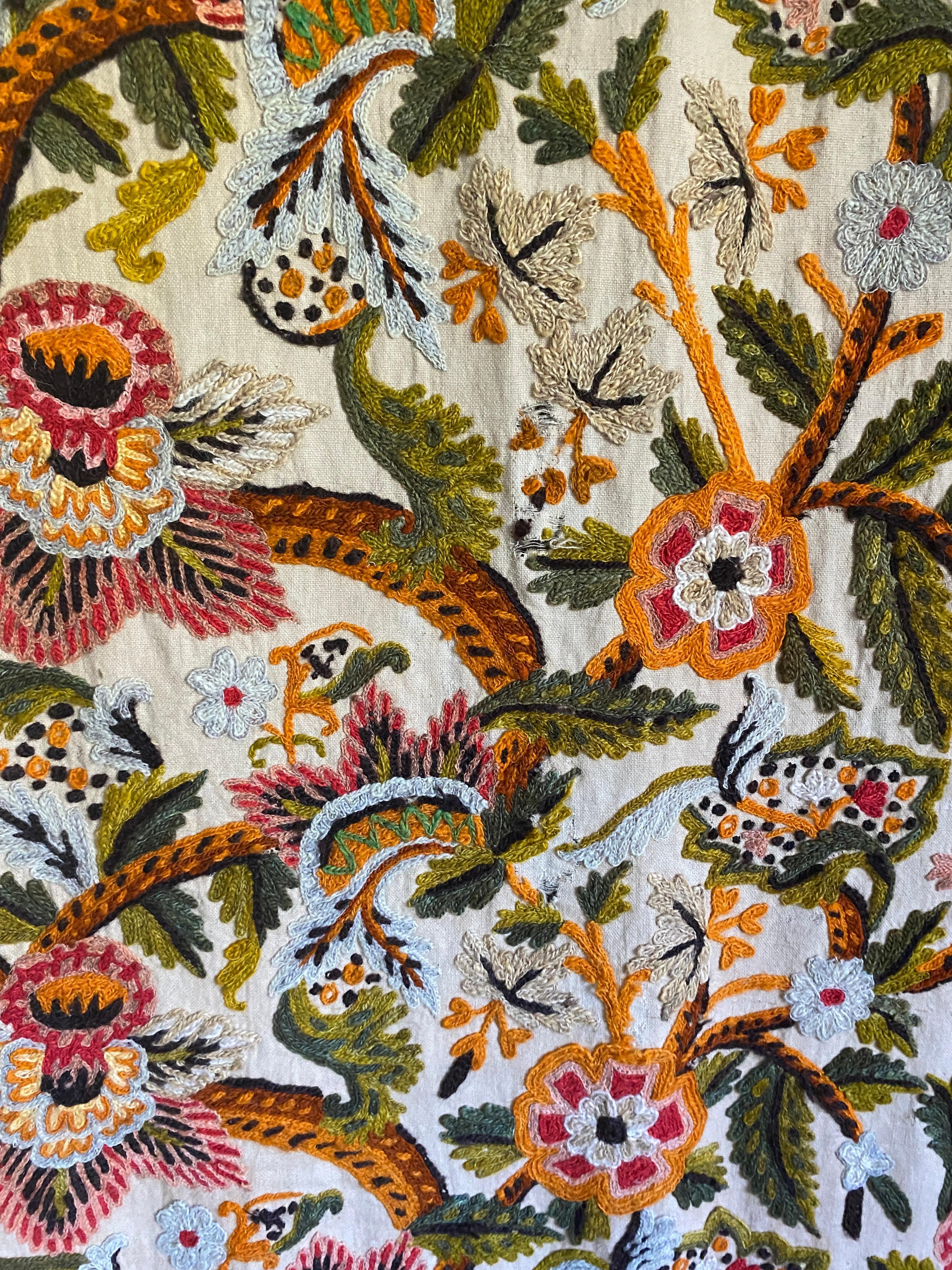 Large Jacobean Floral Hand Embroidered Linen Drapery or Wall-hanging ...