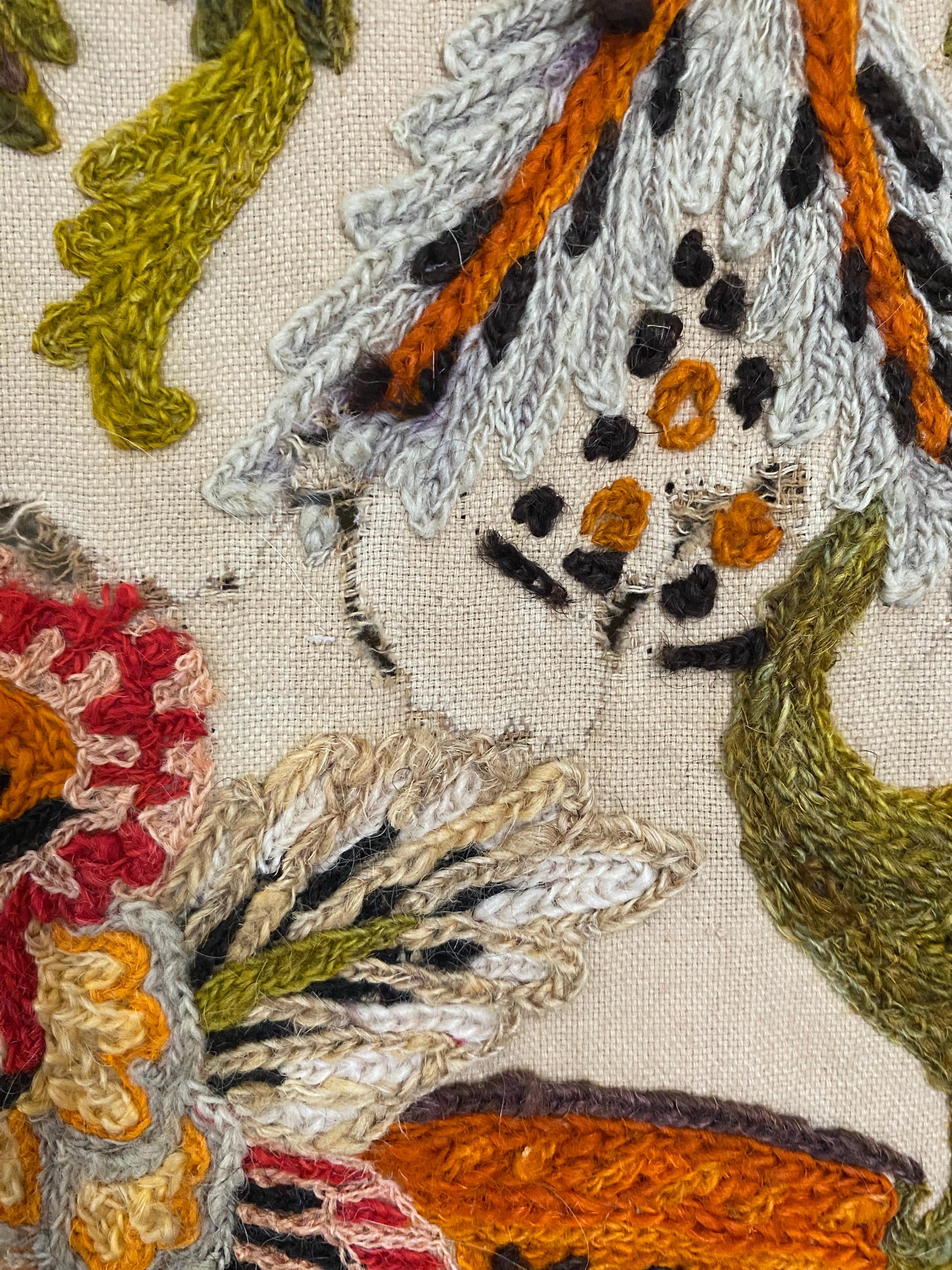 Large Jacobean Floral Hand Embroidered Linen Drapery or Wall-hanging ...