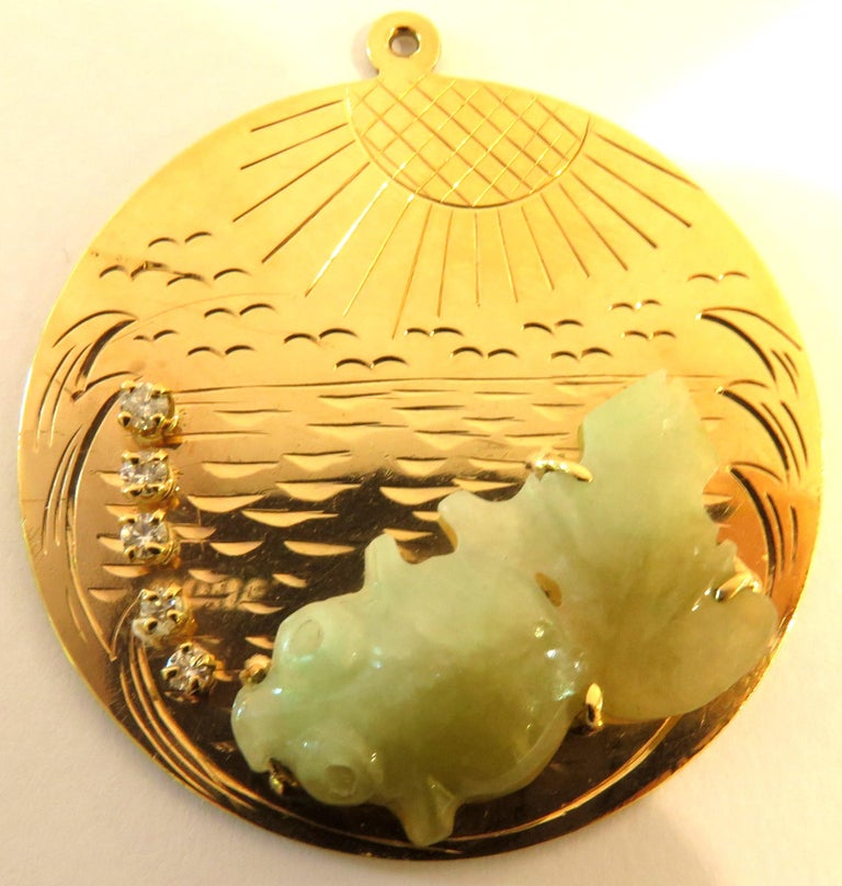 Large Jade Koi Fish Diamond Bubbles Waves and Sunshine Gold Charm ...