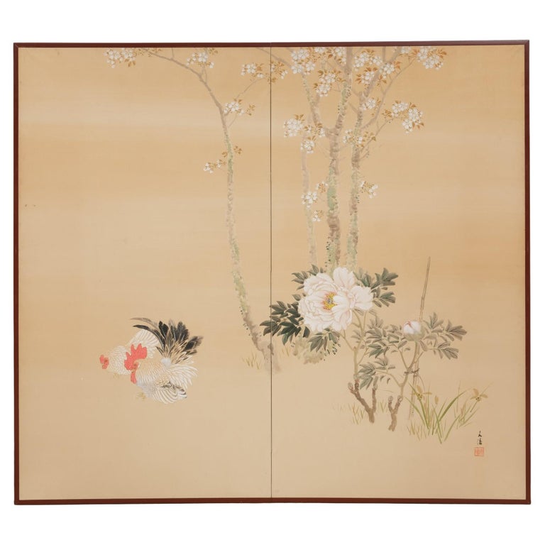 Large Japanese 2-Panel Byôbu 屏風 with Chickens and Flowers, Signed Buntô ...