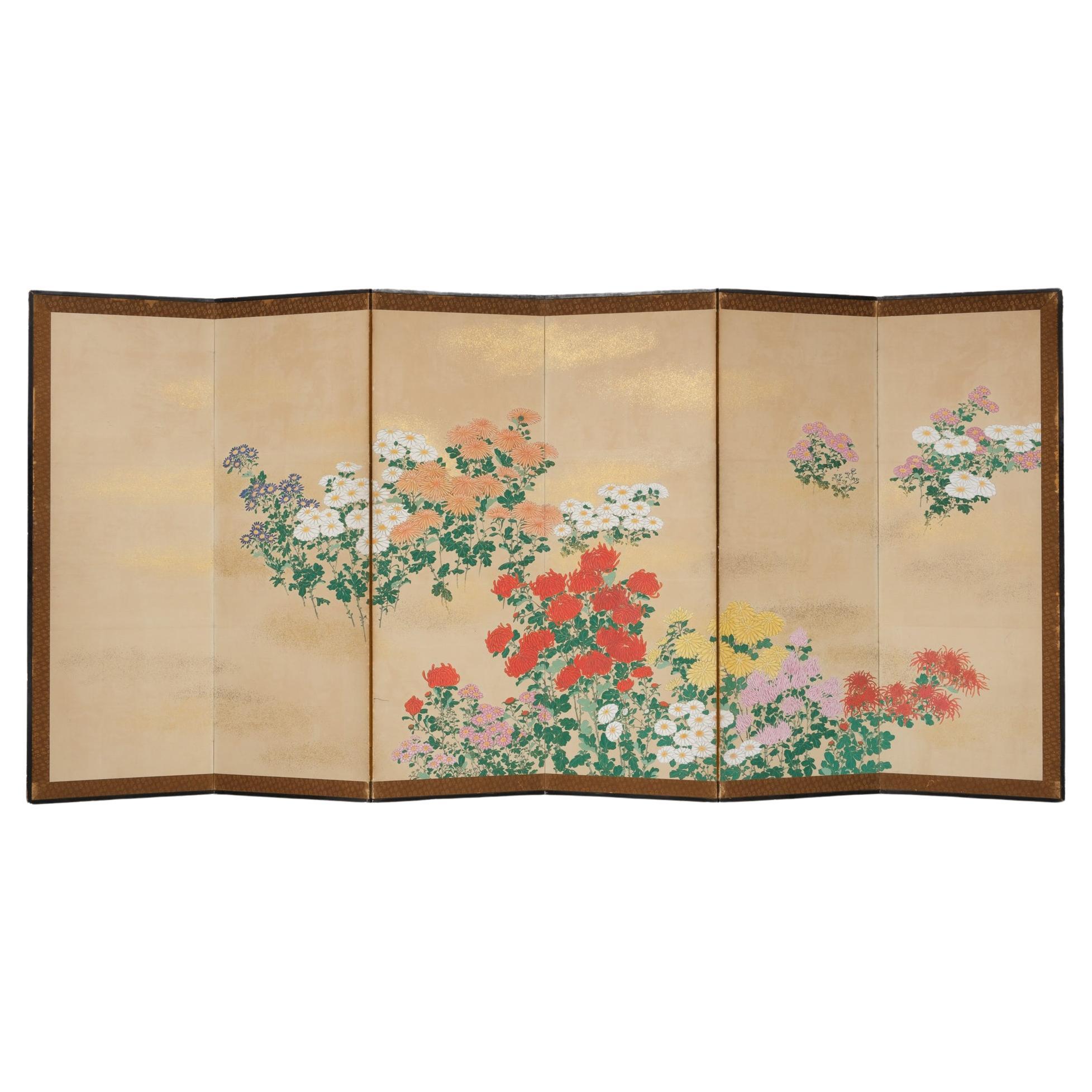 Large Japanese 6-panel byôbu 屏風 (folding screen) with chrysanthemums ...