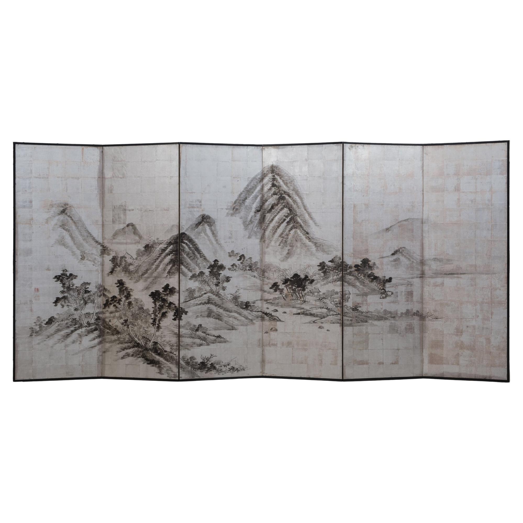 Large Japanese 6-panel byôbu 屏風 (folding screen) with chrysanthemum ...