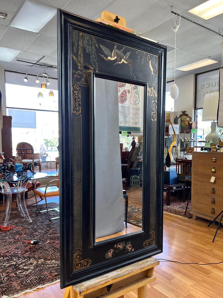 Large Japanese Black Crane and Camellia-Motif Relief Carved Wall Mirror ...