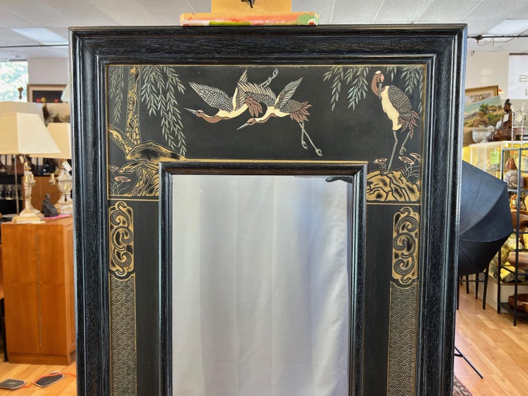 Large Japanese Black Crane and Camellia-Motif Relief Carved Wall Mirror ...
