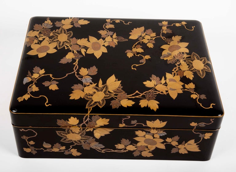 Large Japanese Black Lacquer Box with Gilt Vine Design at 1stDibs