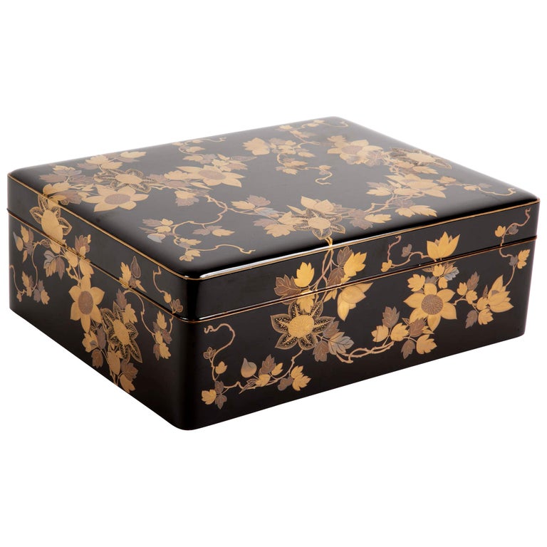 Large Japanese Black Lacquer Box with Gilt Vine Design at 1stDibs