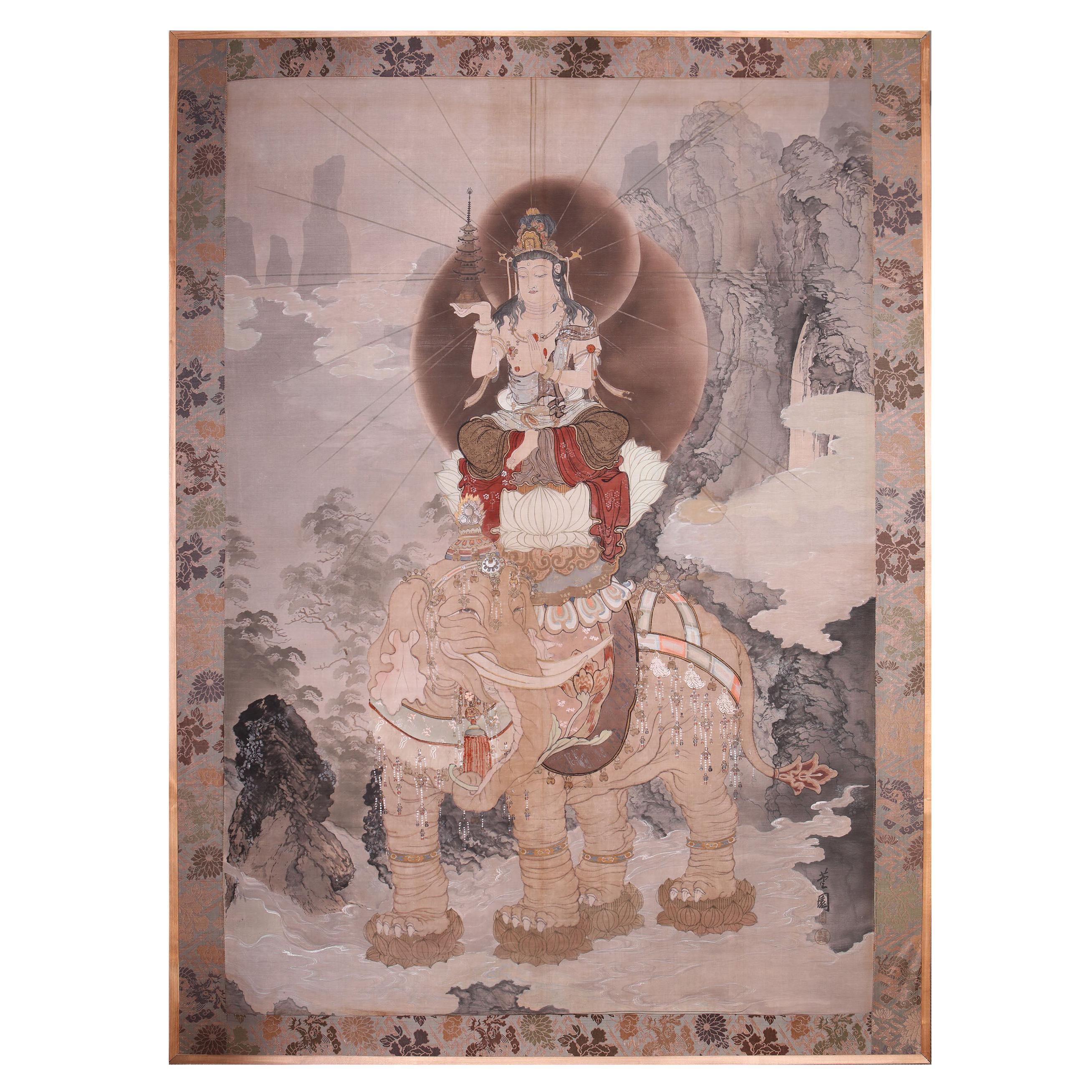 Large Japanese Devotional Silk Panel of a Buddha Seated on an Elephant ...