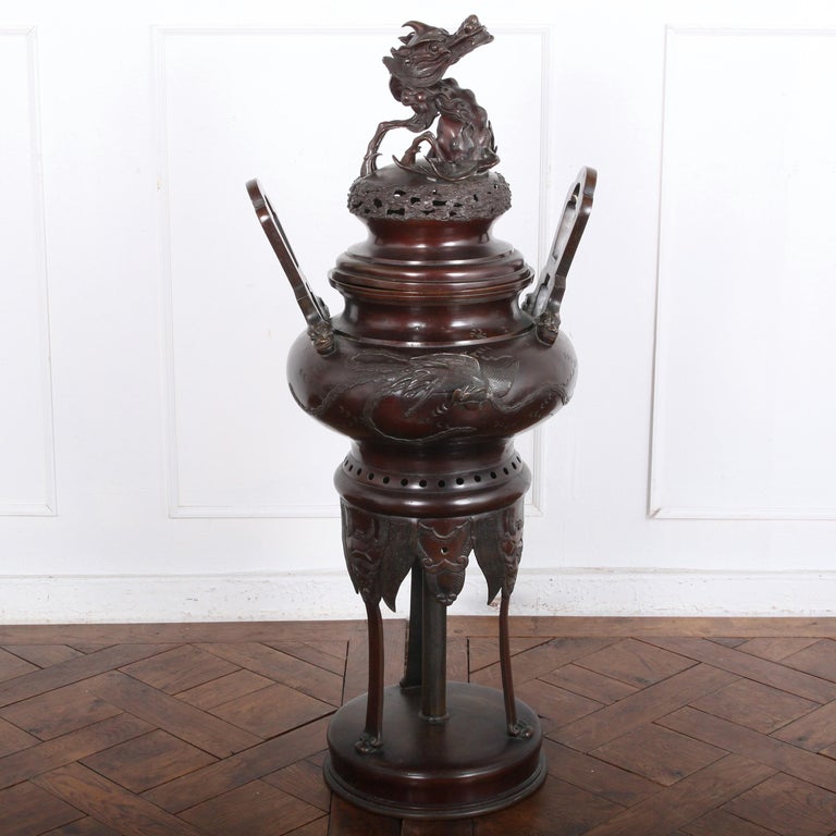 Large Japanese Meiji-Era Bronze Censer with Kirin Figural Top at 1stDibs