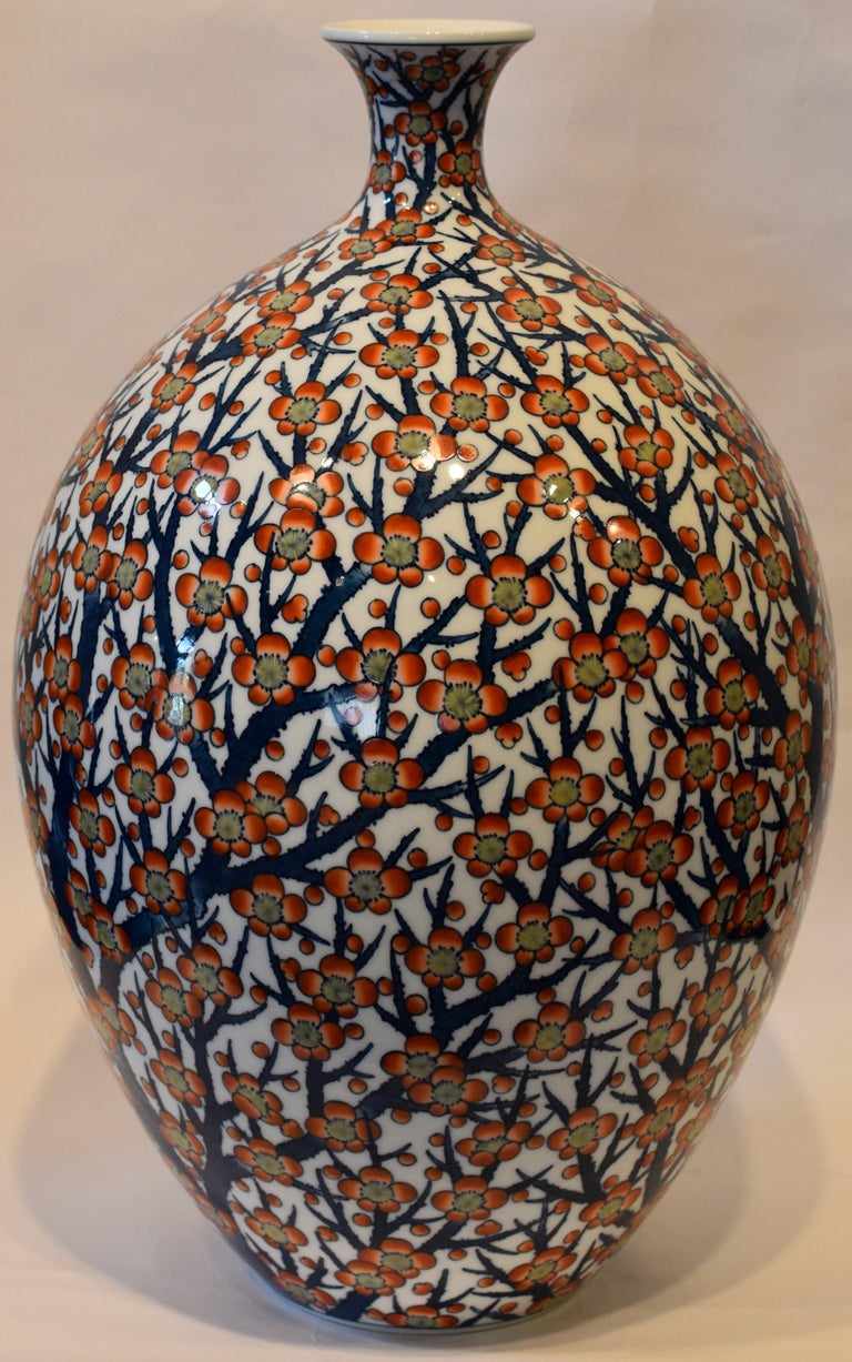 Japanese Red White Hand Painted Porcelain Vase by Contemporary Master ...