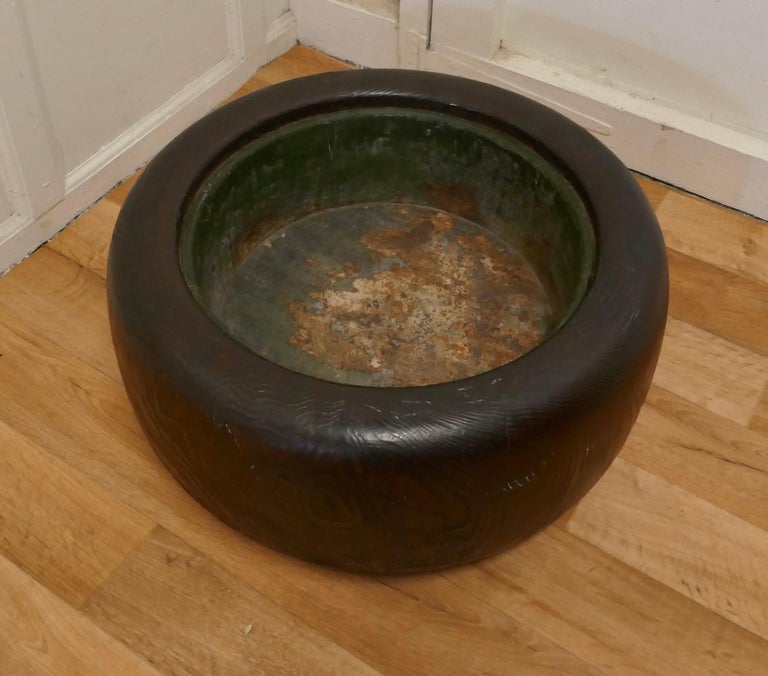 Large Japanese Sculptured Wood Brazier with Liner For Sale at 1stDibs