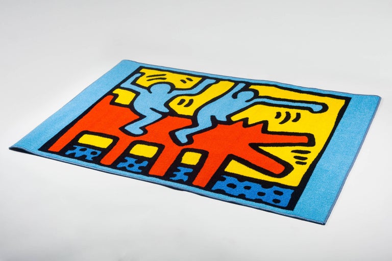 Large after Keith Haring Rug, Blue, Red, Yellow, Dancing Figures, Dog ...