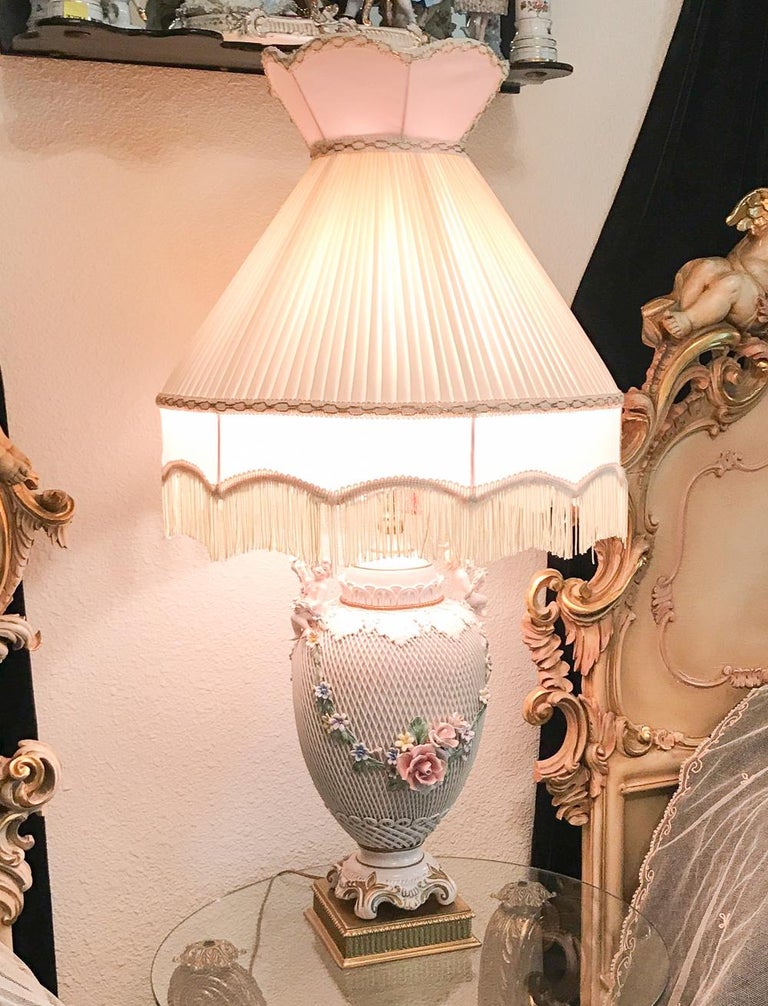 Large Lace Porcelain Lamp with Cherubs For Sale at 1stDibs