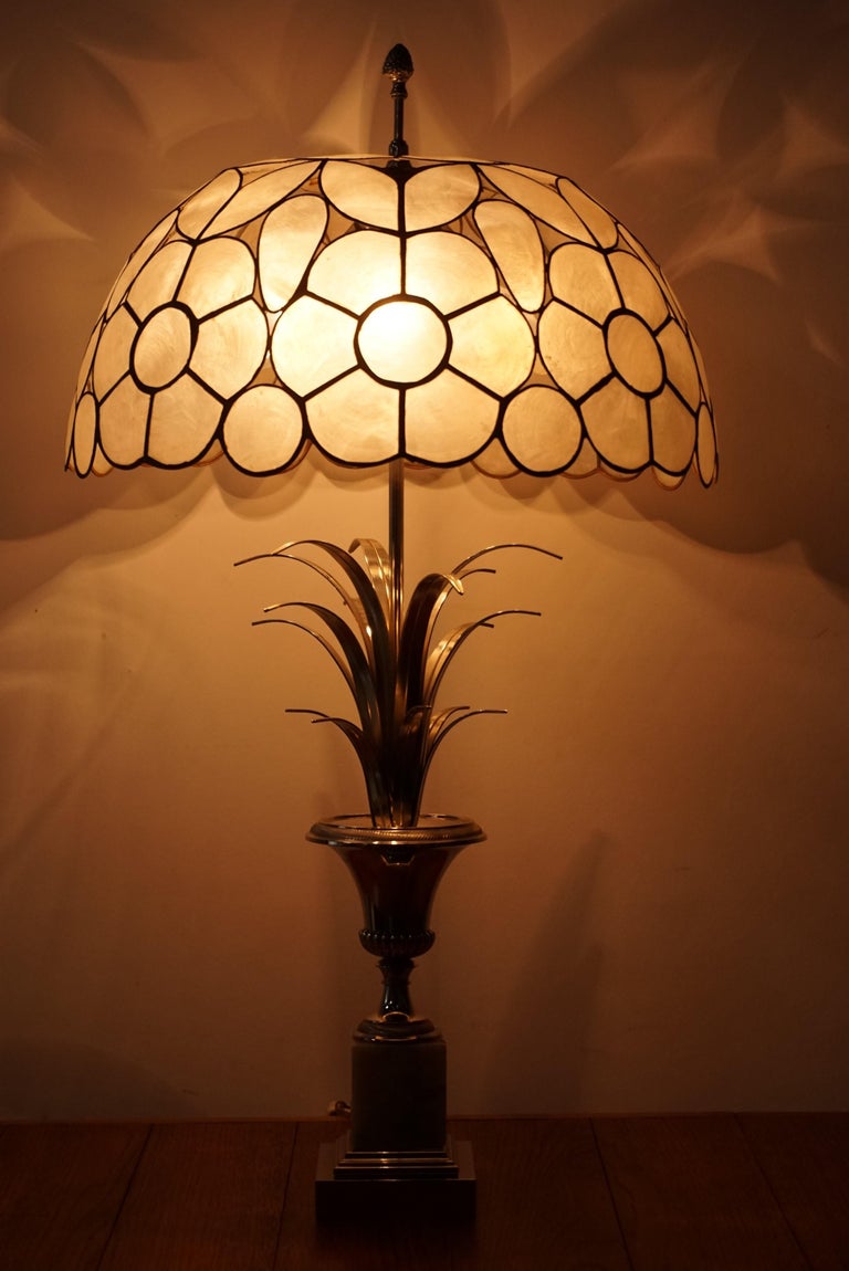 Large Lamp "Roseaux" in Chromed Metal, Onyx and Mother of Pearl Shade ...