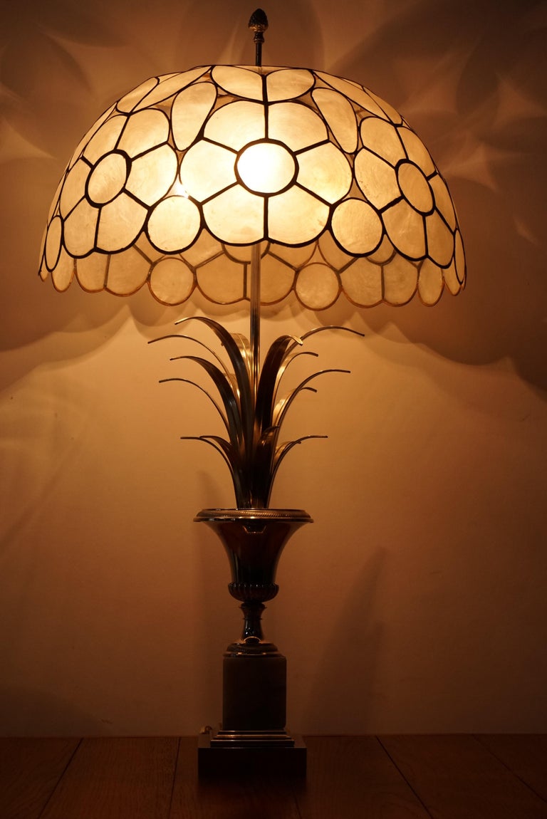 Large Lamp "Roseaux" in Chromed Metal, Onyx and Mother of Pearl Shade ...