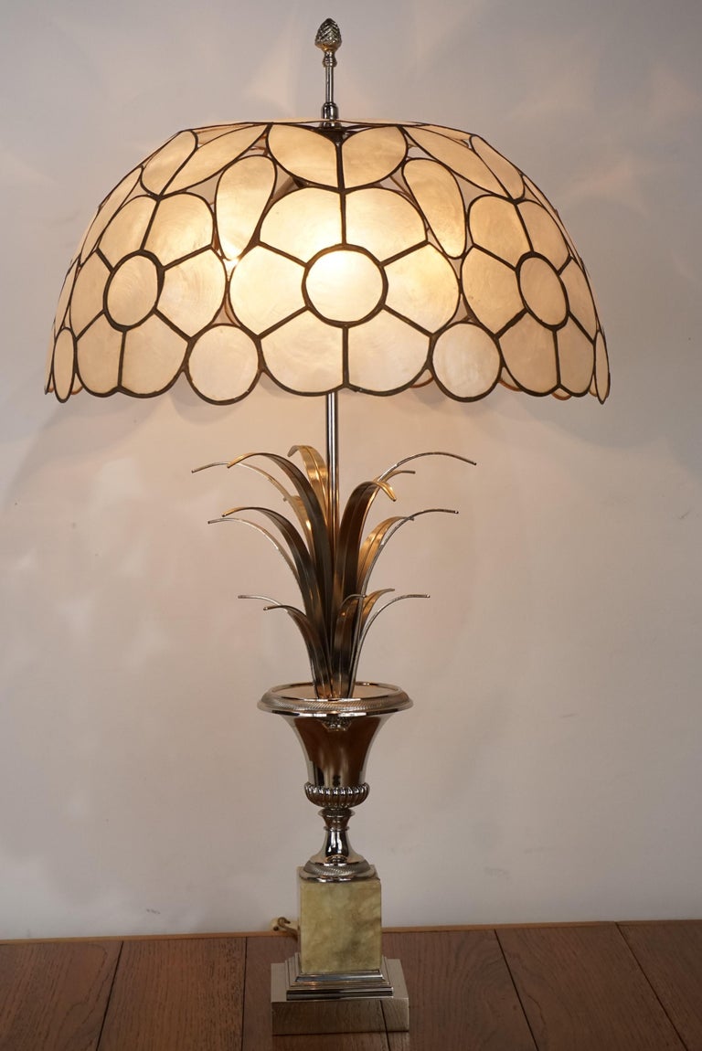 Large Lamp "Roseaux" in Chromed Metal, Onyx and Mother of Pearl Shade ...