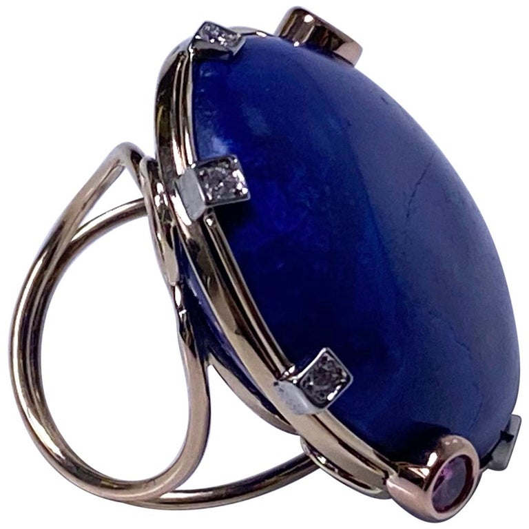 Large Lapis Lazuli Sapphire Diamond Gold Ring For Sale at 1stDibs
