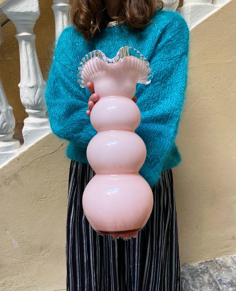 Large Light Pink Mid-Century Modern Murano Glass Vase with Bubble ...