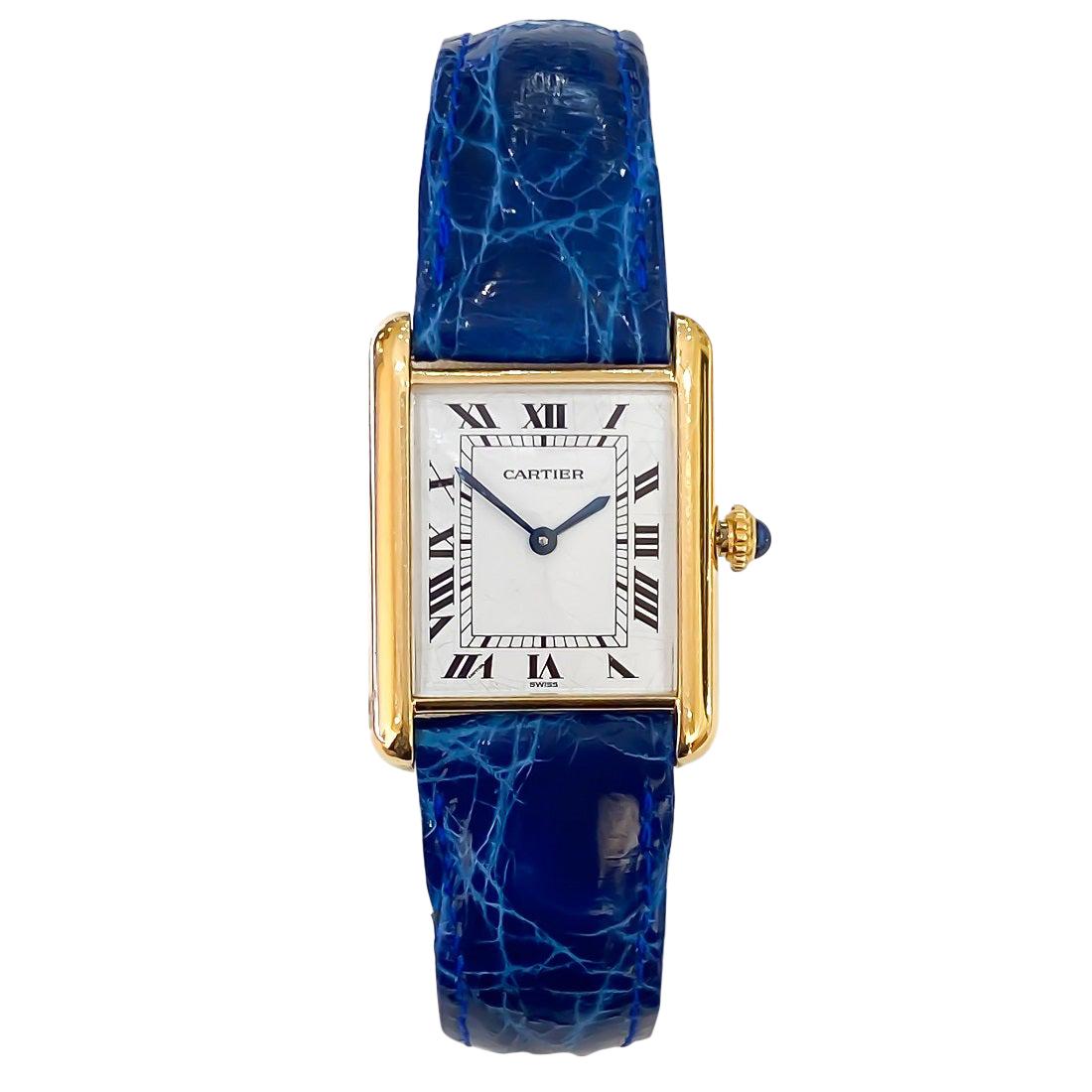 Large Louis Cartier Tank 18 Karat Gold Mechanical Movement Blue Strap ...