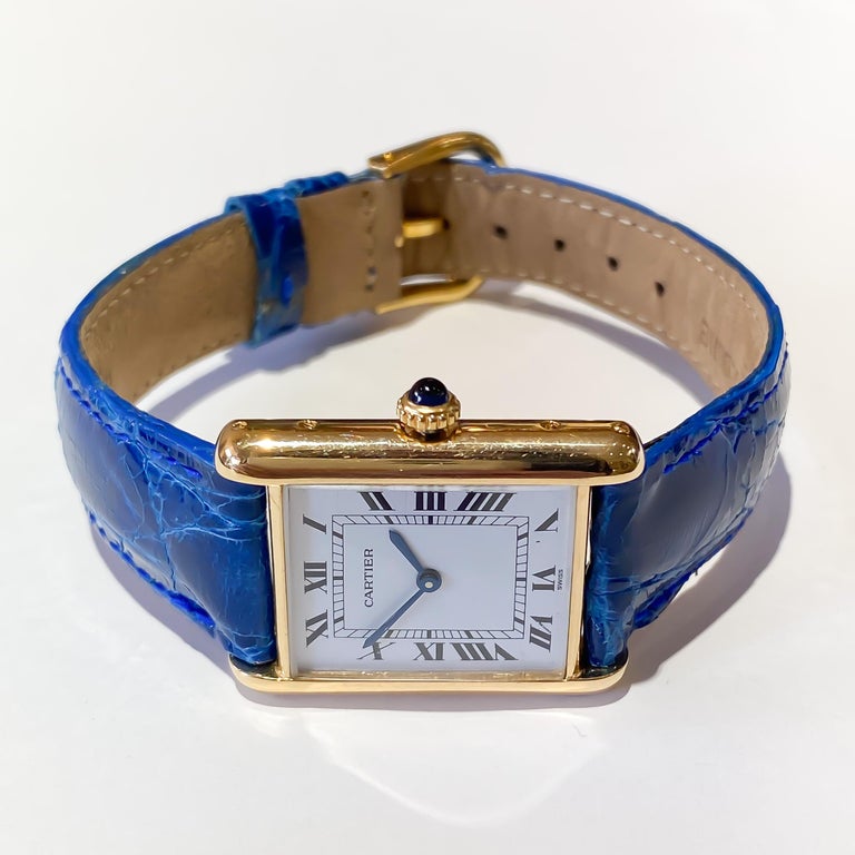 Large Louis Cartier Tank 18 Karat Gold Mechanical Movement Blue Strap ...