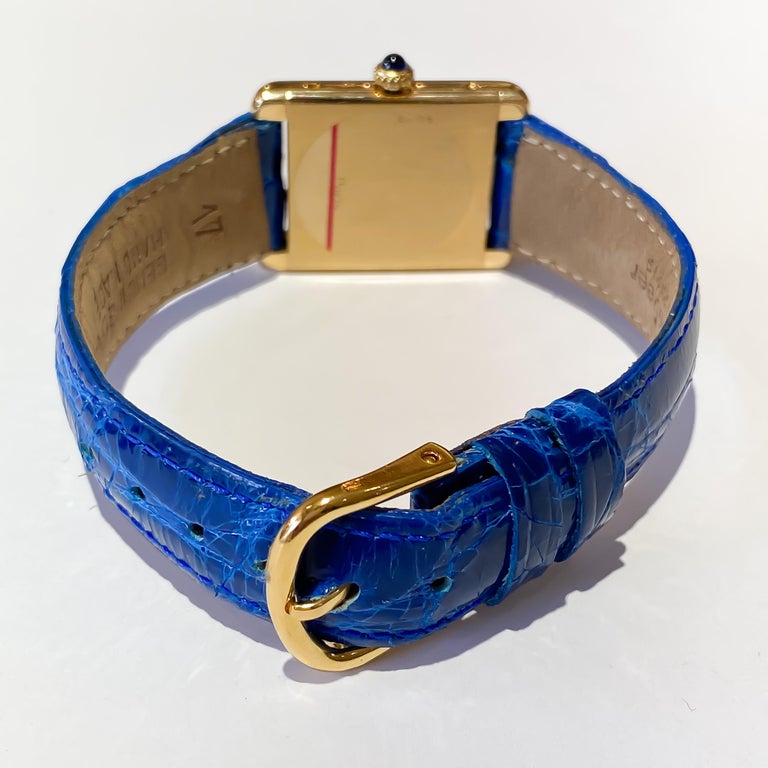 Large Louis Cartier Tank 18 Karat Gold Mechanical Movement Blue Strap ...