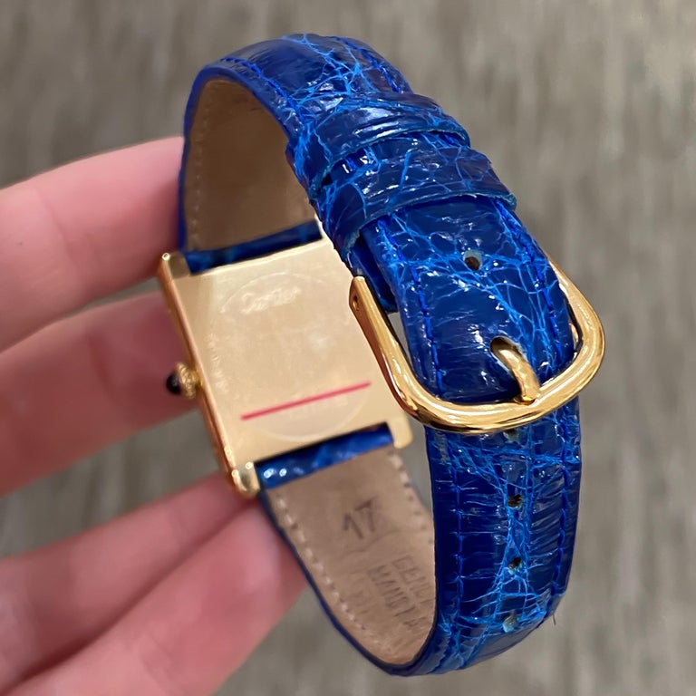 Large Louis Cartier Tank 18 Karat Gold Mechanical Movement Blue Strap ...