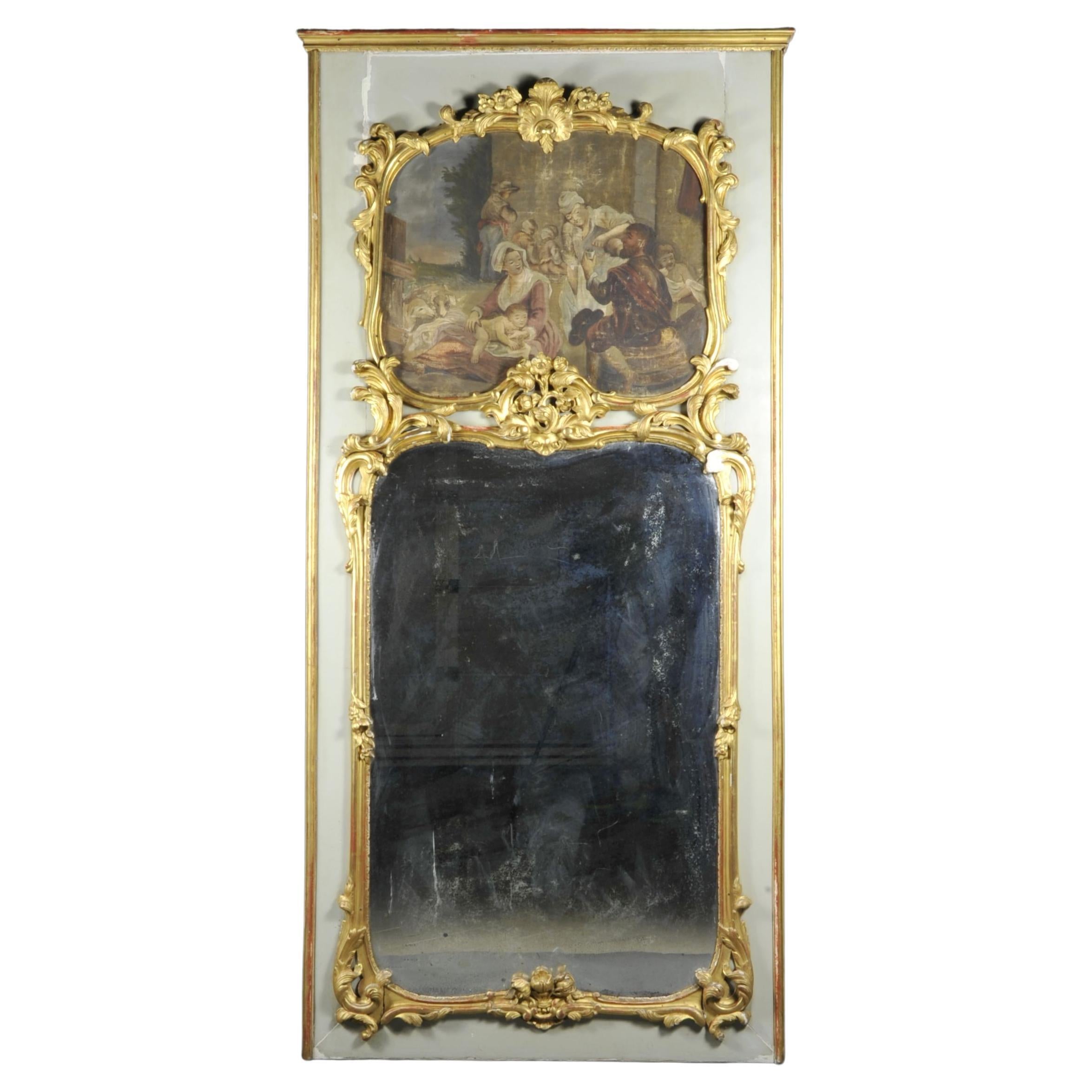 Large Louis XV Trumeau in Gray Lacquered Wood For Sale at 1stDibs