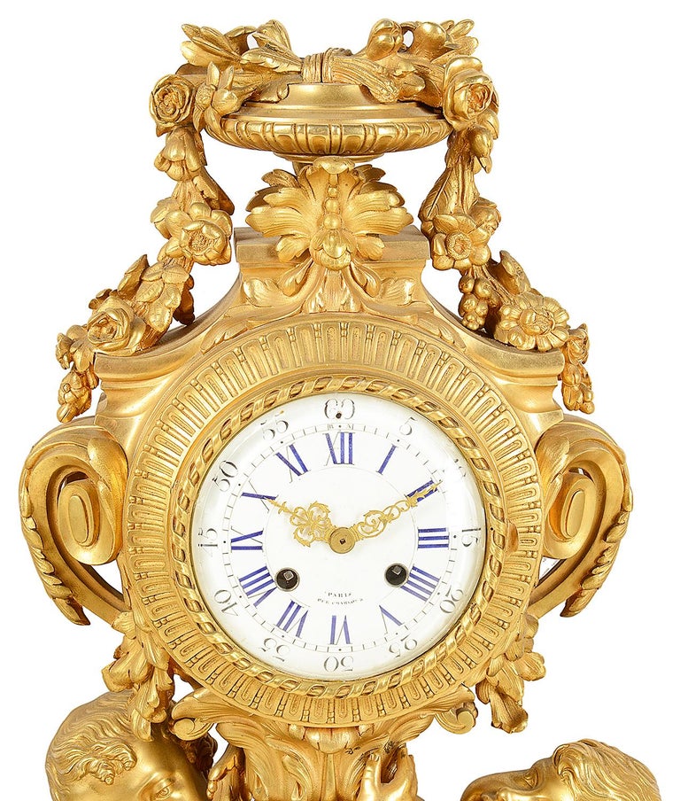 Large Louis XVI Style Gilded Clock Garniture For Sale at 1stDibs
