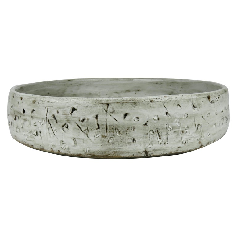 Large Low Serving Bowl, Carved Exterior In Off-White Glaze, Hand Built ...