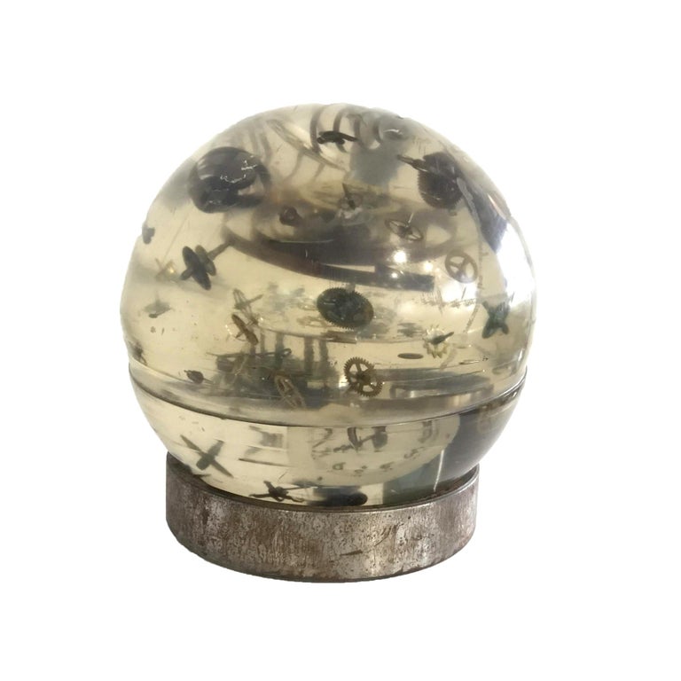 Large Lucite Ball Sculpture with Embedded Machine Parts For Sale at 1stDibs