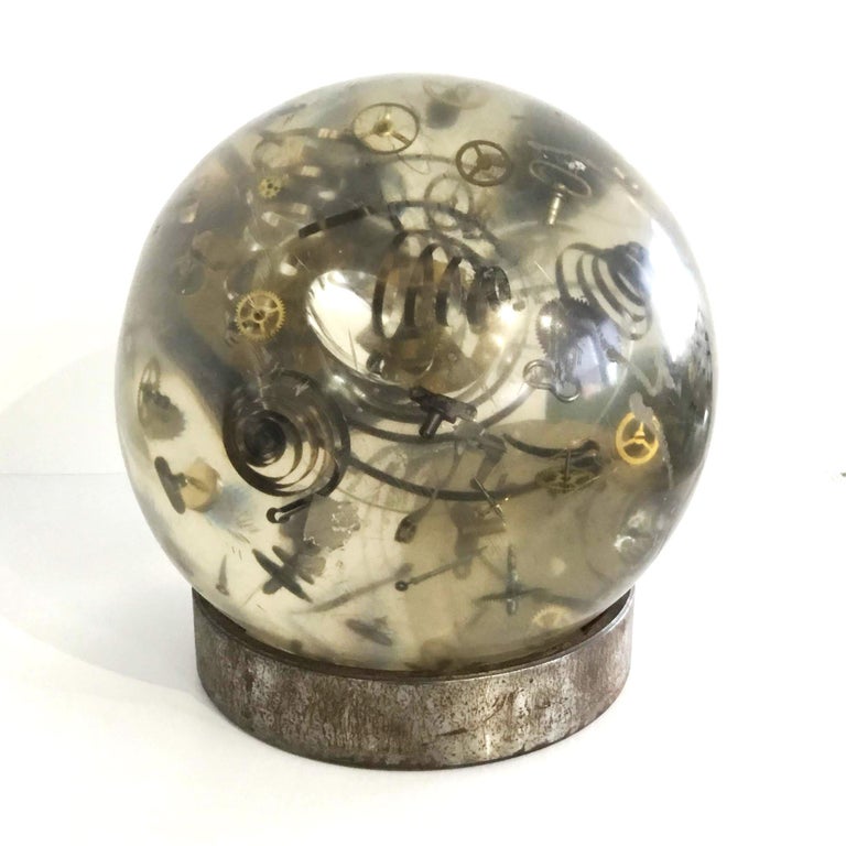 Large Lucite Ball Sculpture with Embedded Machine Parts For Sale at 1stDibs