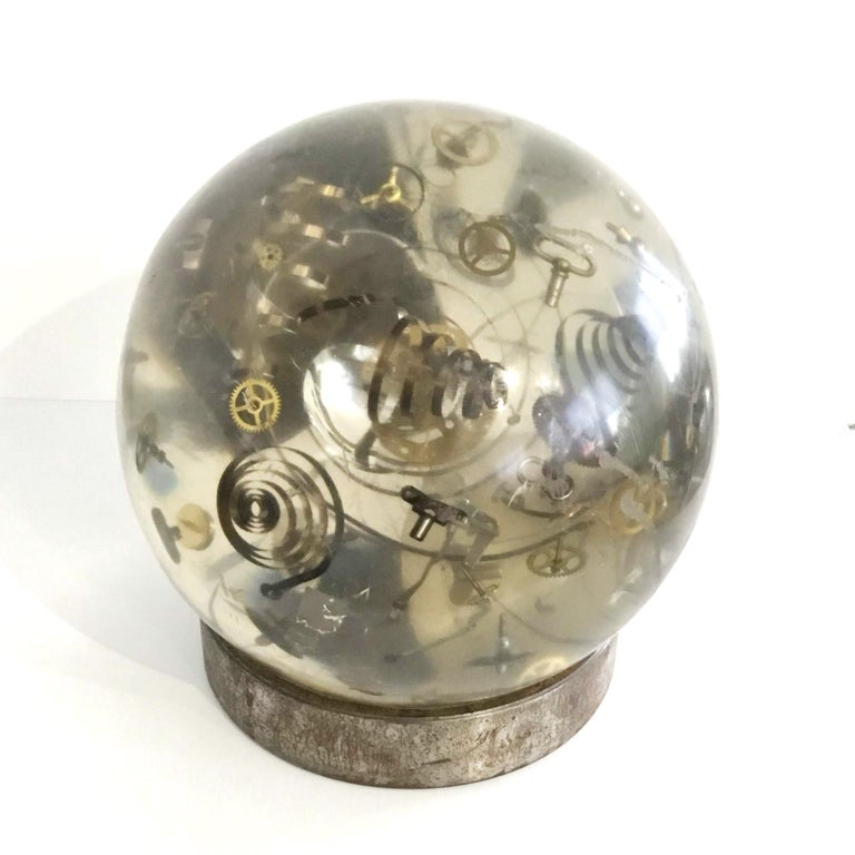 Large Lucite Ball Sculpture with Embedded Machine Parts For Sale at 1stDibs