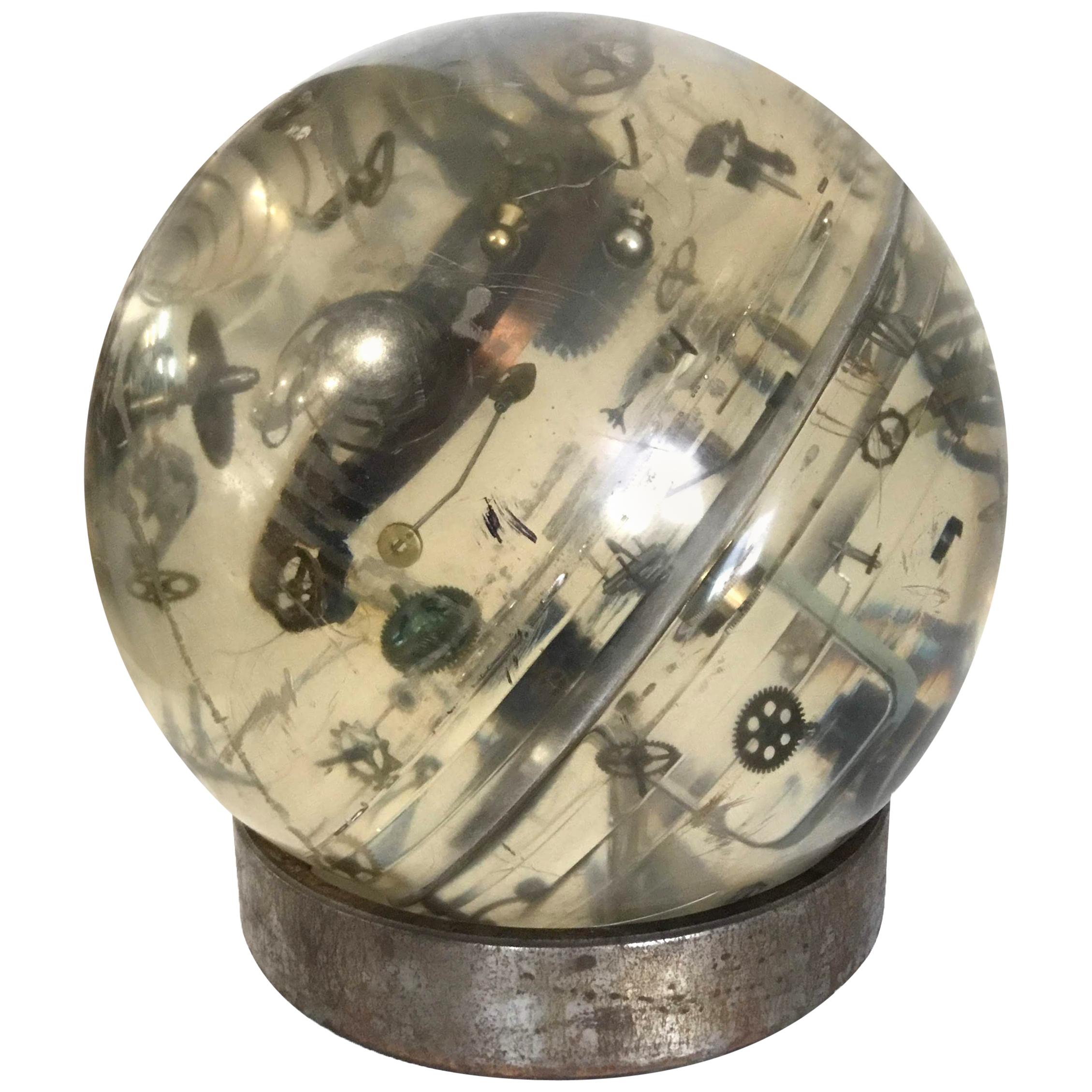Large Lucite Ball Sculpture with Embedded Machine Parts For Sale at 1stDibs