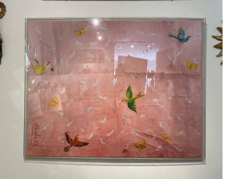 Large Lucite Shadow Box with Print Featuring Birds, Butterflies and ...