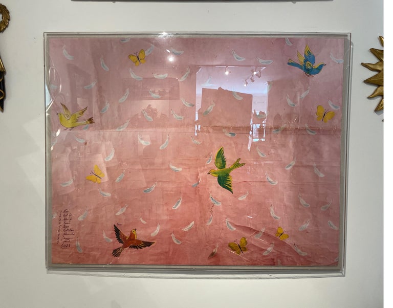 Large Lucite Shadow Box with Print Featuring Birds, Butterflies and ...