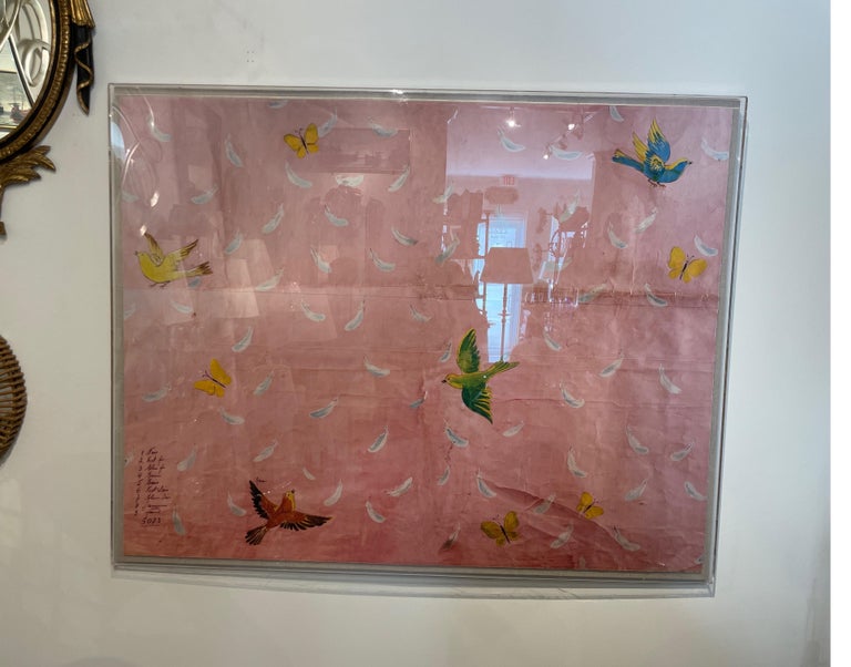 Large Lucite Shadow Box with Print Featuring Birds, Butterflies and ...