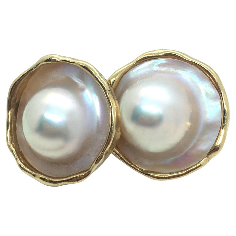 Large Mabe Pearl Post Earrings with Freeform Yellow Gold Frames and ...