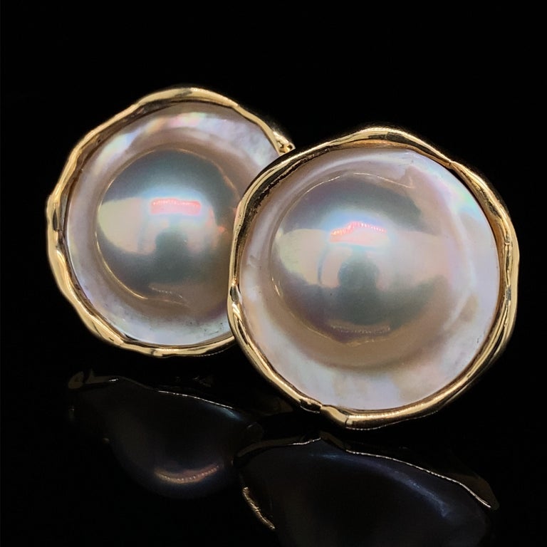Large Mabe Pearl Post Earrings with Freeform Yellow Gold Frames and ...