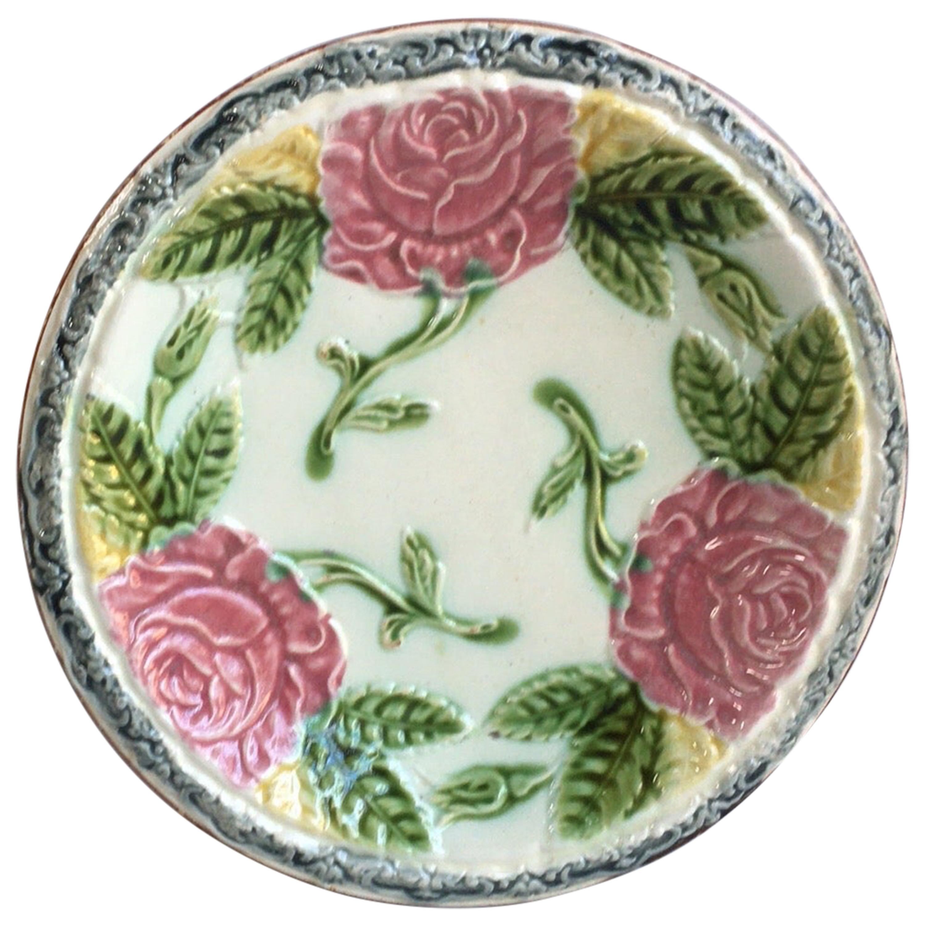 Large Majolica Roses Plate Salins, circa 1900 at 1stDibs