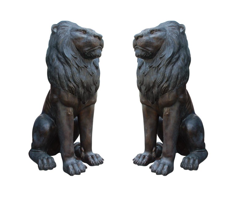 Large Matching Pair of Bronze Seated Lion Sculptures or Statues, France ...