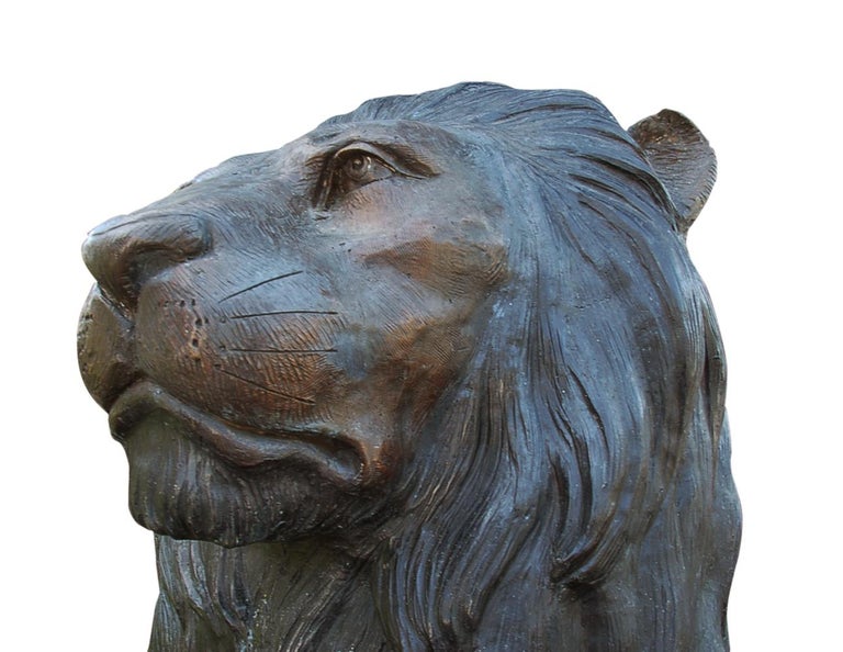 Large Matching Pair of Bronze Seated Lion Sculptures or Statues, France ...