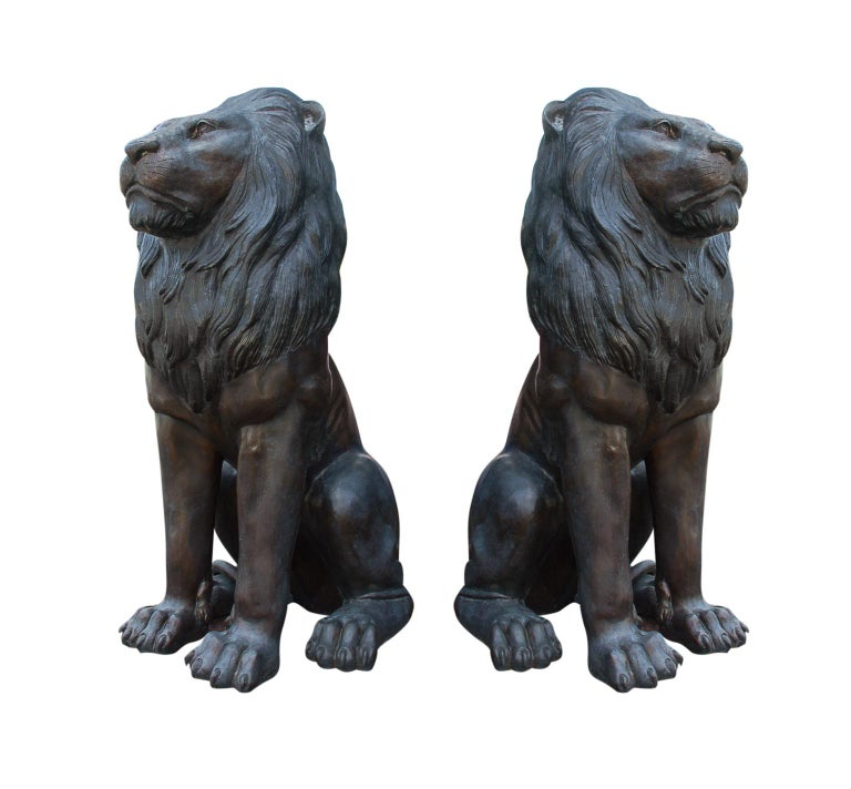 Large Matching Pair of Bronze Seated Lion Sculptures or Statues, France ...
