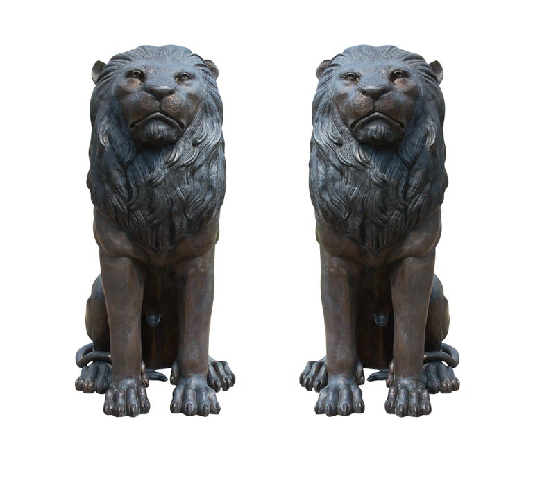 Large Matching Pair of Bronze Seated Lion Sculptures or Statues, France ...