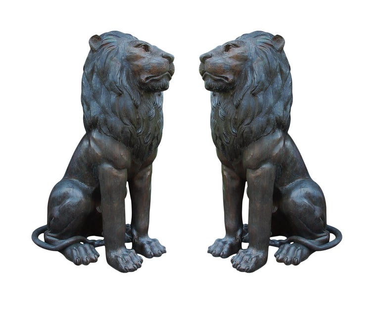 Large Matching Pair of Bronze Seated Lion Sculptures or Statues, France ...