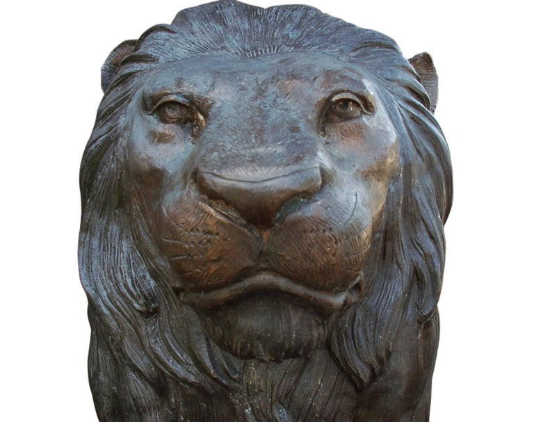 Large Matching Pair of Bronze Seated Lion Sculptures or Statues, France ...