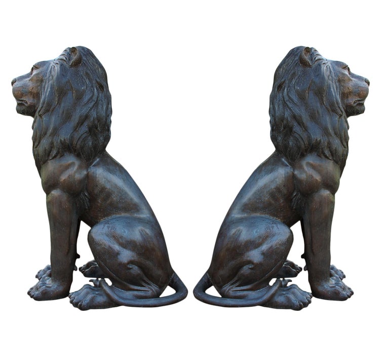 Large Matching Pair of Bronze Seated Lion Sculptures or Statues, France ...